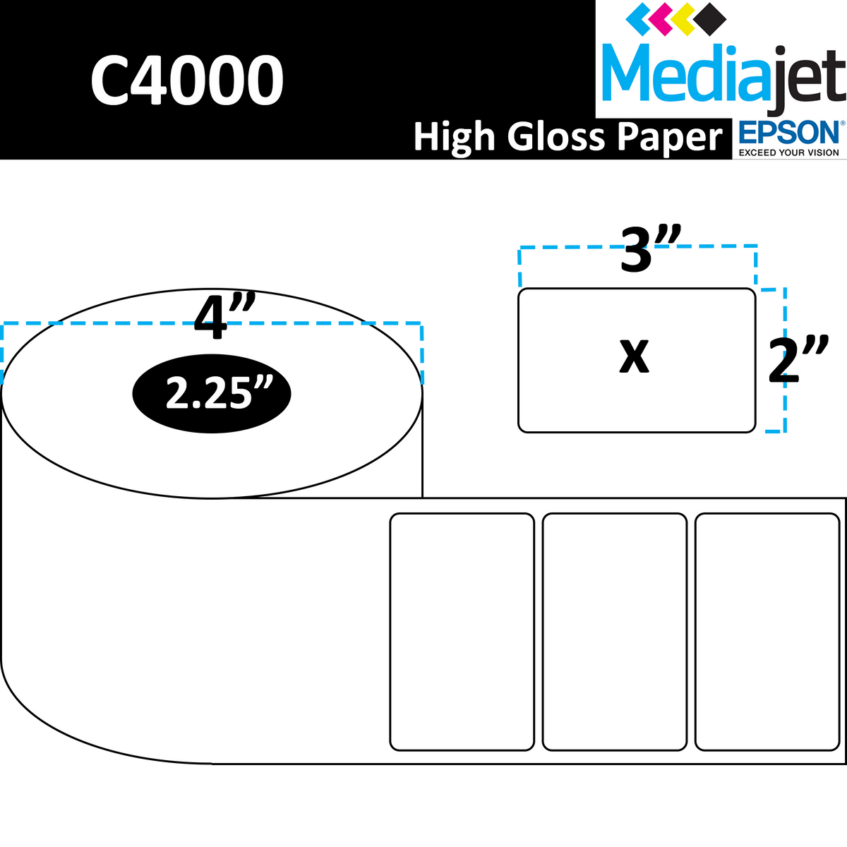 3" x 2" Die Cut High Gloss Paper Inkjet Labels for Epson C4000(8 Rolls ...